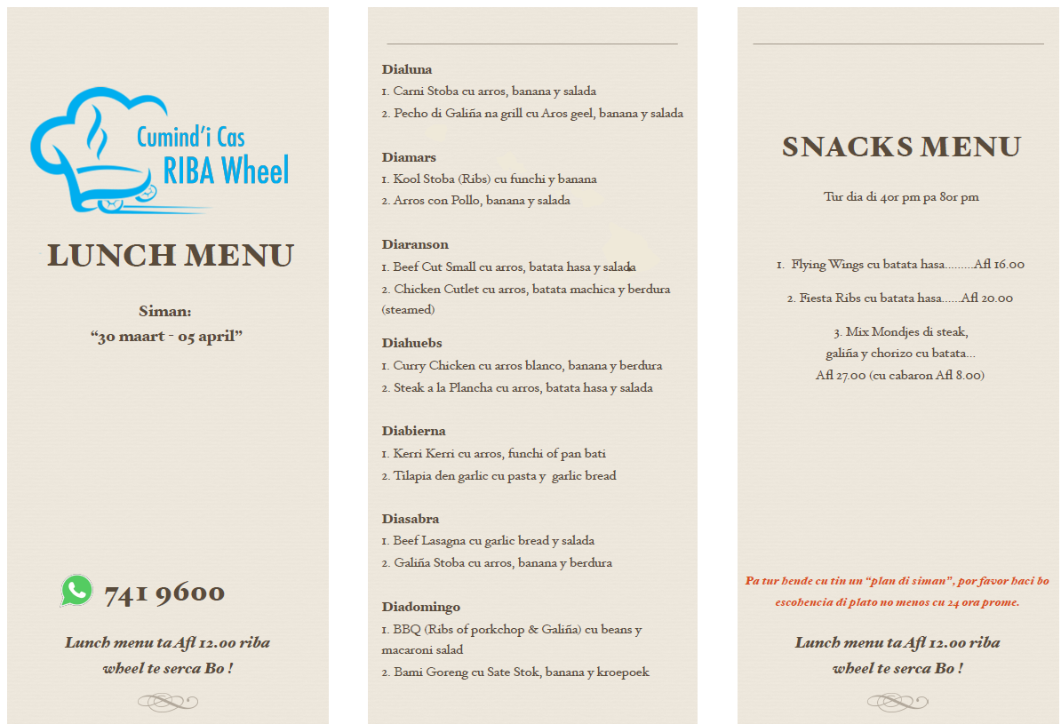 “Cumind’i Cas riba Wheel” ta ofrecebo tur siman un lunch menu cu ta ...